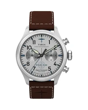 TIMEX X Pan Am Waterbury Ace Chronograph Leather Strap Watch, 41mm