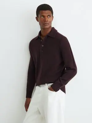 REISS Wool-blend Knit Polo Jumper - Bordeaux