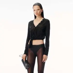 Alexander Wang Crystal Hotfix Knotted Deep V-neck Cardigan
