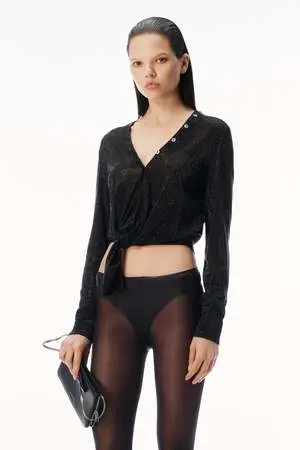 Alexander Wang Crystal Hotfix Knotted Deep V-neck Cardigan