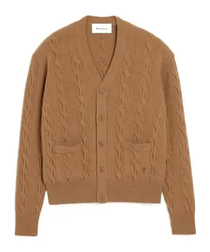 AMI Paris Brown Cable Wool Cardigan - Camel