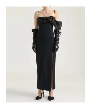 Givenchy Sliced Long Dress In Crepe Cady With Embroidered Bow