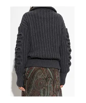 Etro Ribbed Wool-blend Cardigan With Zip And Woven Detailing