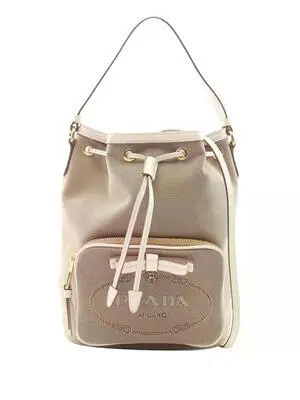 Prada 2010-2026 Canvas Canapa Logo Bow Drawstring Bucket Bag Satchel