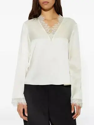 GANNI Lace-trim V-neck Long Sleeve Top