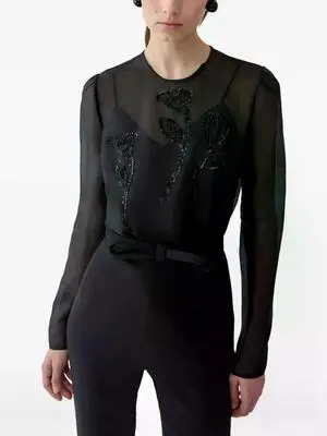 Carolina Herrera Sheer Floral Embroidered Long Sleeve Blouse