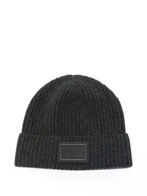 Dolce & Gabbana Logo Patch Ribbed Knit Beanie - Grey