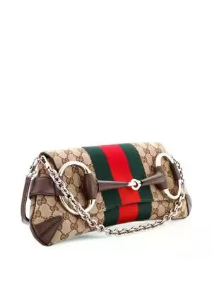 Gucci Horsebit Nm Web Chain Clutch Gg Canvas Medium Shoulder Bag - Brown