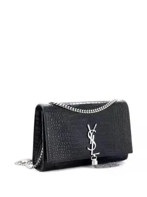 Saint Laurent Classic Monogram Tassel Crocodile Embossed Leather Medium Crossbody Bag - Black