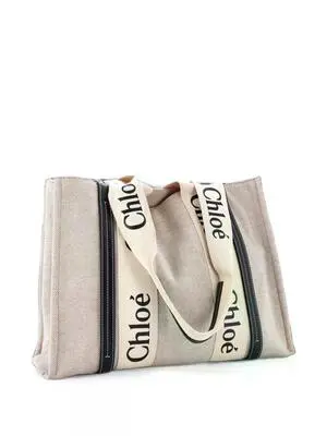 Chloé Woody Canvas With Leather Medium Tote Bag - Neutrals