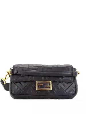 Fendi Baguette Nm Bag Zucca Embossed Leather Medium Crossbody Bag - Black