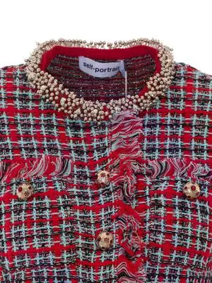 SELF-PORTRAIT Checked Frayed Knit Jacket