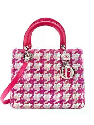 Dior Lady Bag Woven Leather With Tweed Medium Tote Bag - Pink
