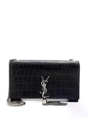 Saint Laurent Classic Monogram Tassel Crocodile Embossed Leather Medium Crossbody Bag - Black