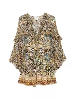Camilla Ruffled Silk Leopard Print Mini Dress - Brown