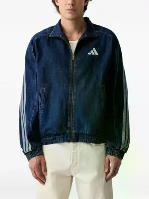 Adidas Embroidered Logo Denim Jacket With Signature Stripes - Blue