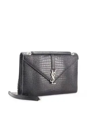 Saint Laurent Classic Monogram Envelope Satchel Crocodile Embossed Leather Large Crossbody Bag - Black