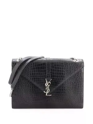 Saint Laurent Classic Monogram Envelope Satchel Crocodile Embossed Leather Large Crossbody Bag - Black