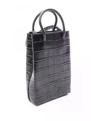 Balenciaga Croc Embossed Leather Shopping Phone Holder Satchel - Black