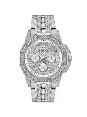 Bulova Octava 42mm Chronograph Watch With Crystal Embellishments - Silver