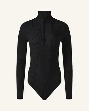 Perfect Moment Ribbed Wool Blend Zip Neck Bodysuit - Black