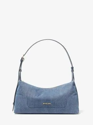 Michael Kors Teddi Medium Washed Denim Slouchy Shoulder Bag In By - Blue
