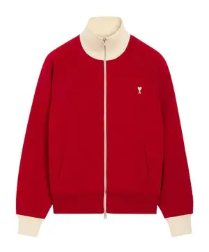 AMI Paris Red Zipped Cotton Sweatshirt With De Coeur - Ruby Red/ivory White