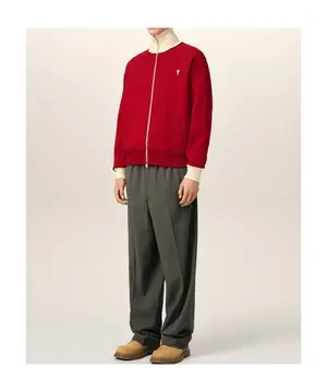 AMI Paris Red Zipped Cotton Sweatshirt With De Coeur