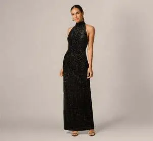 Adrianna Papell Sequin Velvet Open Back Halter Gown