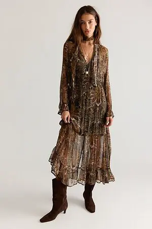 SPELL Damask Button Through Midi Dress