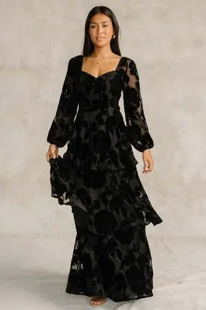 COCOLOVE Alexandra Velvet Floral Maxi Dress - Black