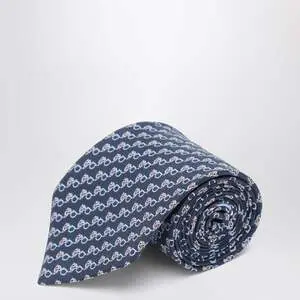FERRAGAMO Navy Silk Tie With Gancini And Owl Print