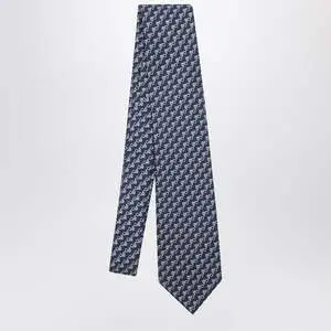 FERRAGAMO Navy Silk Tie With Gancini And Owl Print