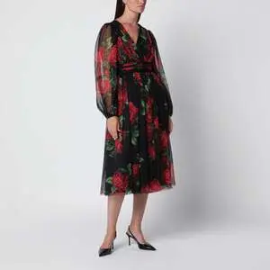 Dolce & Gabbana Silk Chiffon Rose Print Midi Dress