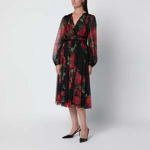 Dolce & Gabbana Silk Chiffon Rose Print Midi Dress