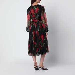 Dolce & Gabbana Silk Chiffon Rose Print Midi Dress