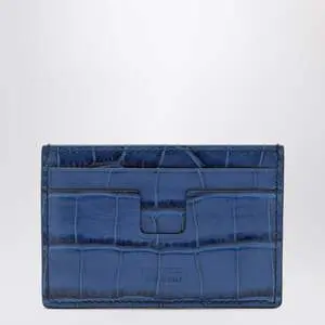 TOM FORD Card Holder In Glossy Crocodile-effect Leather - Blue