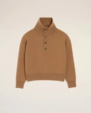 AMI Paris Brown High Buttoned Collar Wool Sweater Brown