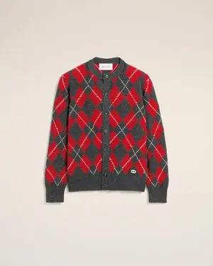 AMI Paris Grey Wool Cardigan With Red Argyle