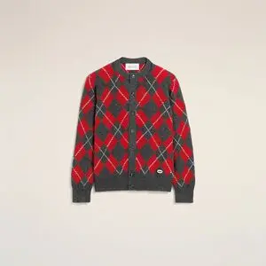AMI Paris Grey Wool Cardigan With Red Argyle