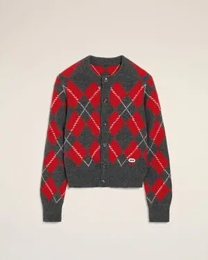 AMI Paris Grey Wool Cardigan In Red Argyle Grey