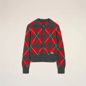 AMI Paris Grey Wool Cardigan In Red Argyle Grey