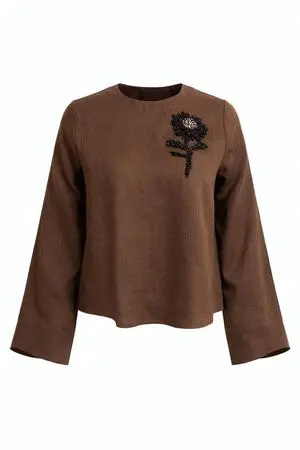 EXQUISE Long Sleeve Linen Blouse With Embroidered Detail