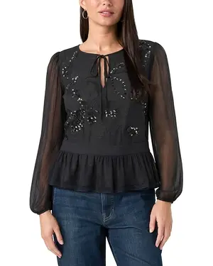 LIVERPOOL Embellished Boat Neck Long Sleeve Top