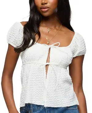 EDIKTED Dorothey Textured Tie Front Top - White