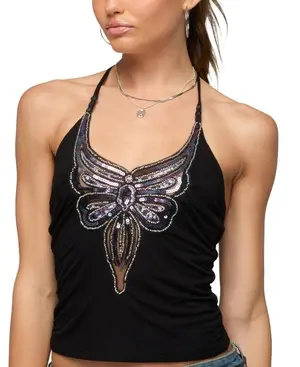 EDIKTED Butterfly Bead & Sequin Halter Top