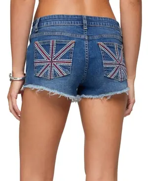 EDIKTED Union Jack Embellished Denim Shorts