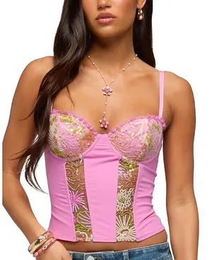 EDIKTED Inka Floral Sequin Bead Cupped Corset - Pink