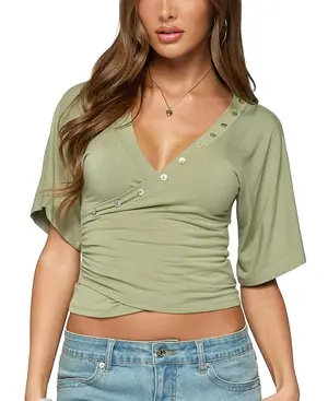 EDIKTED Sully Iridescent Button Wrapped Top - Olive