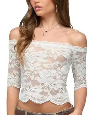 EDIKTED Dyna Off Shoulder Sheer Lace Top - Cream
